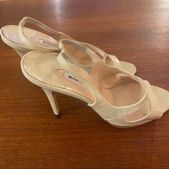 Manolo Blahnik | Shoes | Monolo Blahnik Patent Creamy White Straps Heel ...